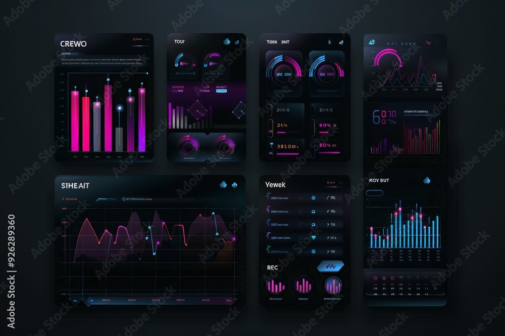 Dark neumorphic user interface elements with neon buttons and bars ...