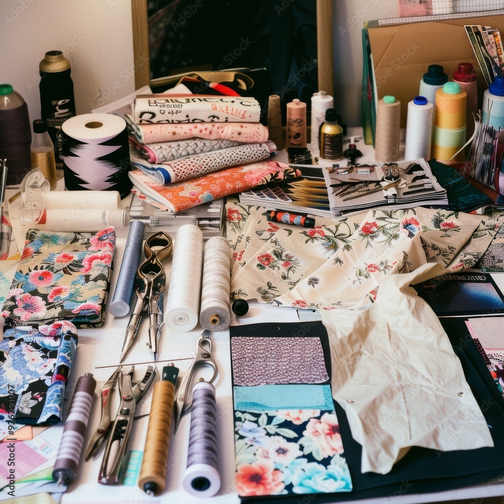 A cluttered yet inviting sewing workspace filled with various fabrics ...