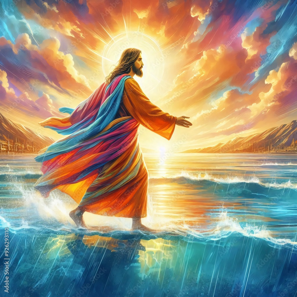Illustration of Jesus Christ Performing the Miracle of Walking on Water ...