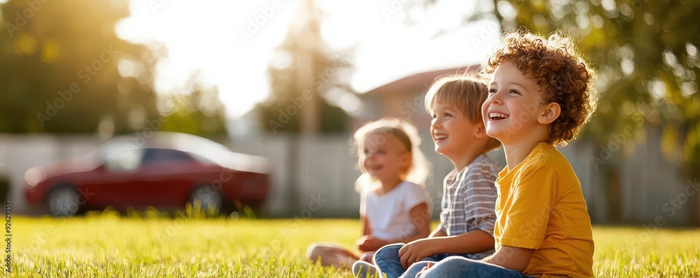 Blended family with step-siblings playing together in a sunny backyard ...