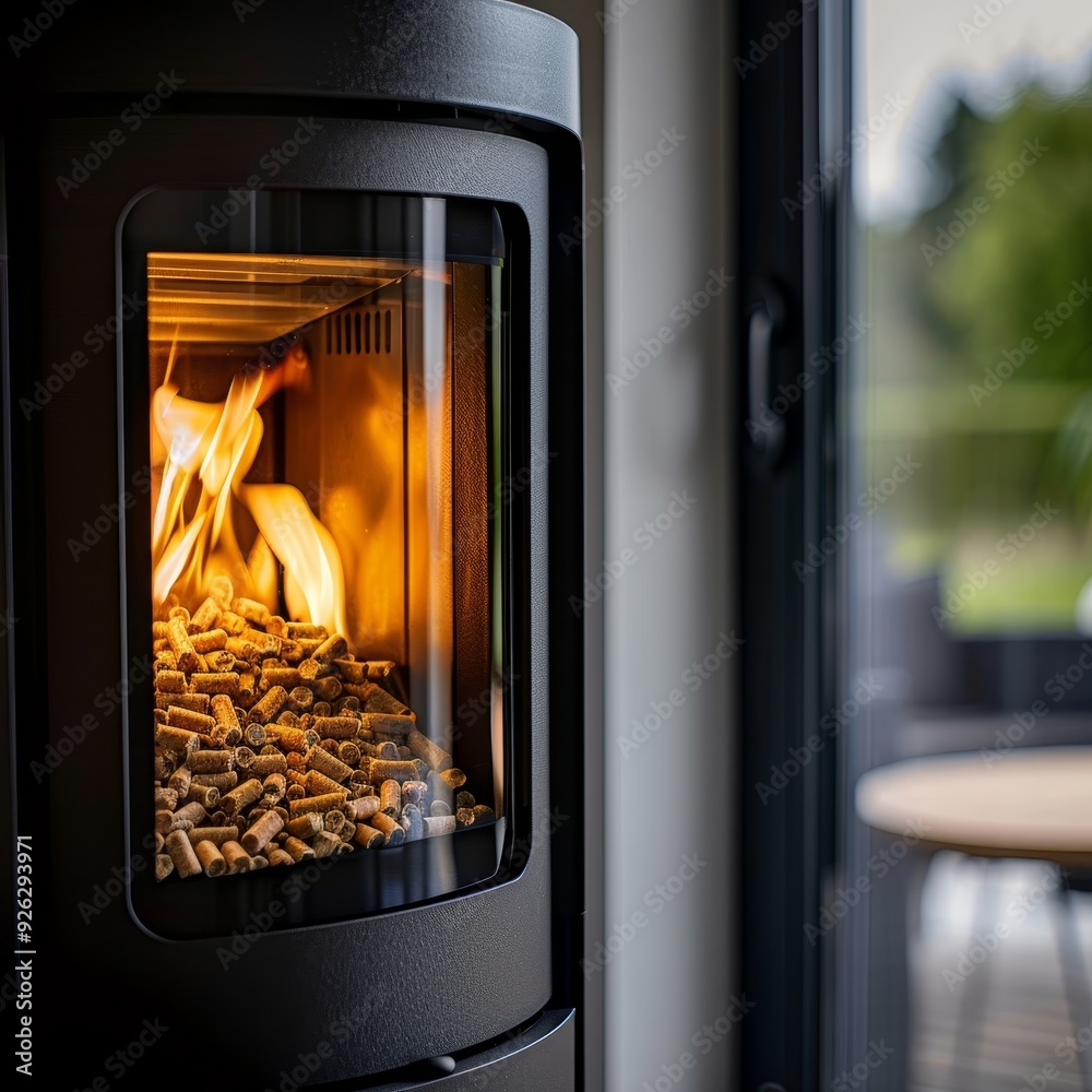 Wood pellet stove with visible burning pellets through a window for a ...