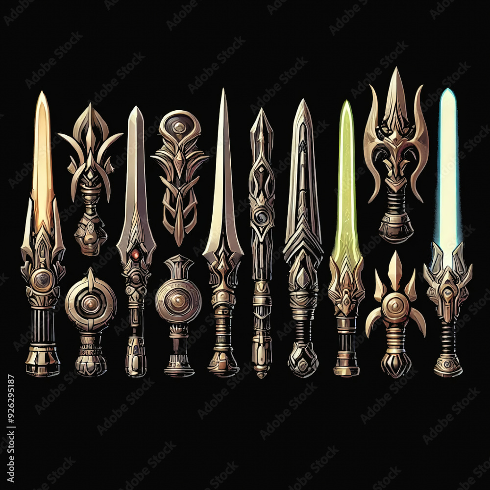High-quality sprite sheet with icons of sabers with intricate designs ...