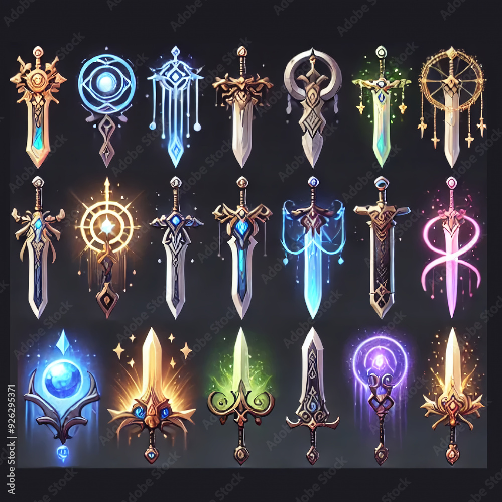 High-quality sprite sheet with icons of magical swords with effects ...