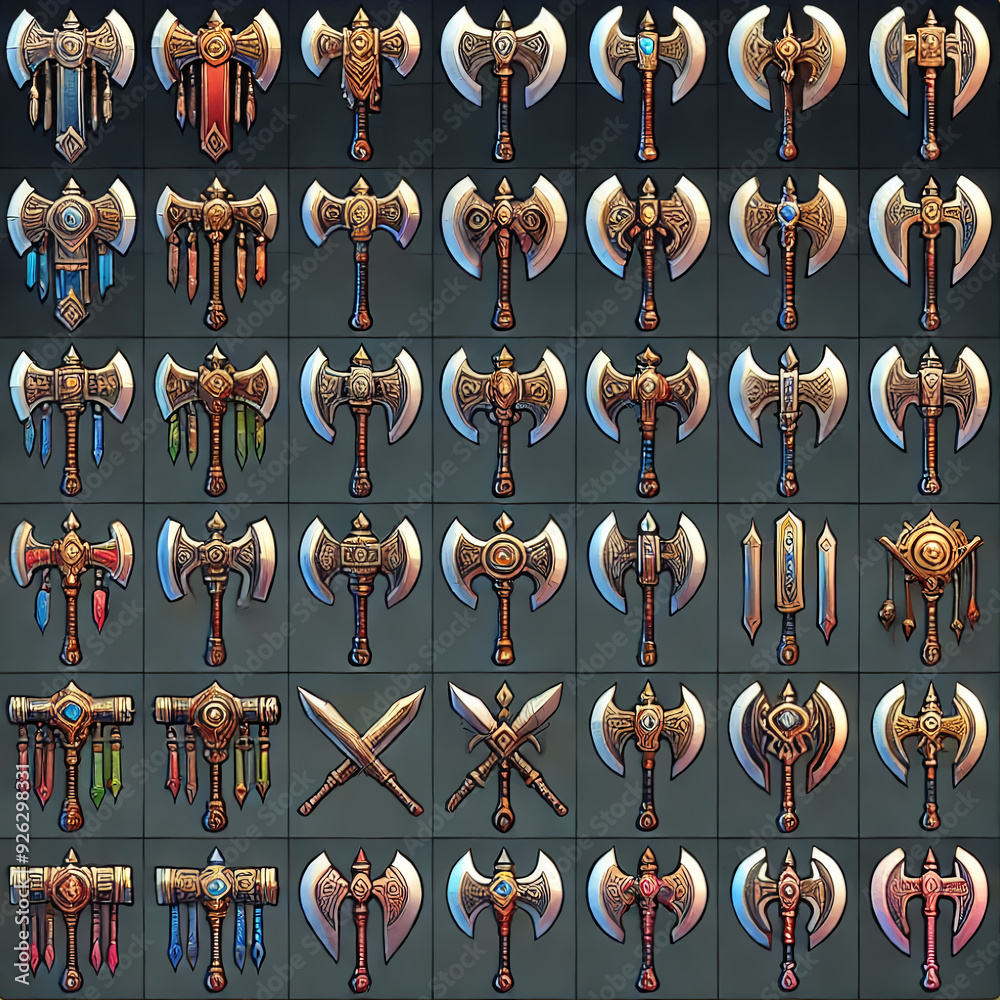 High-quality sprite sheet with icons of medieval knight's war axes ...