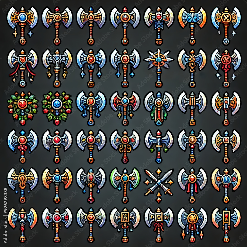 High-quality sprite sheet with icons of knight's war axes with details ...