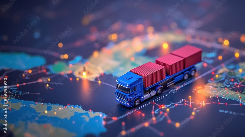 Global map with cargo trucks and ships moving goods across continents ...