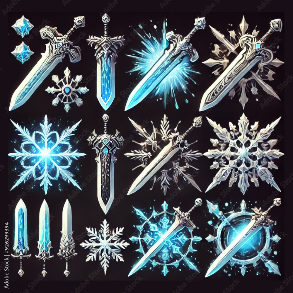 High-quality sprite sheet with icons of ice swords with intricate ...