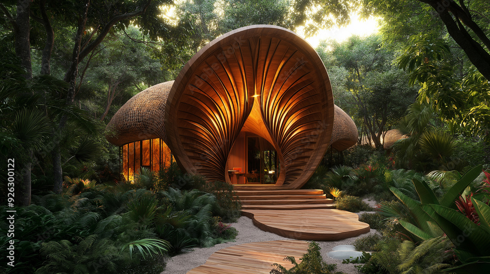 The architecture of a beautiful wooden pavilion hidden amidst the lush ...