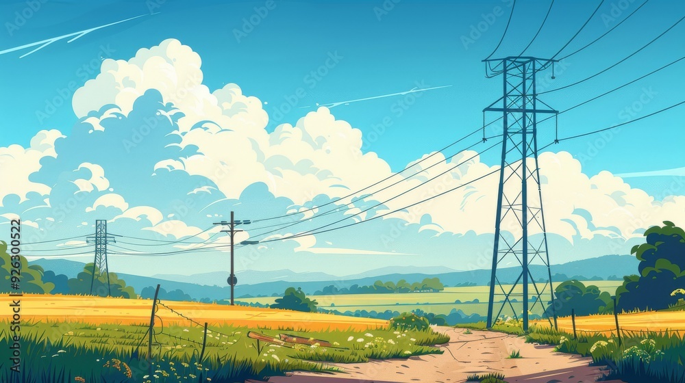 Cartoon vector electrical power lines stretching across a rural area ...
