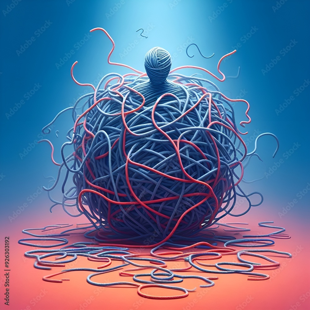A tangled ball of yarn with threads leading to different parts of a ...