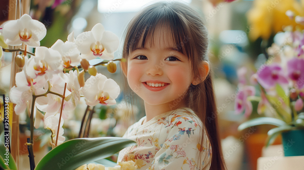 child and orchid, kid with orchid plant, orchid child, youth tending to ...
