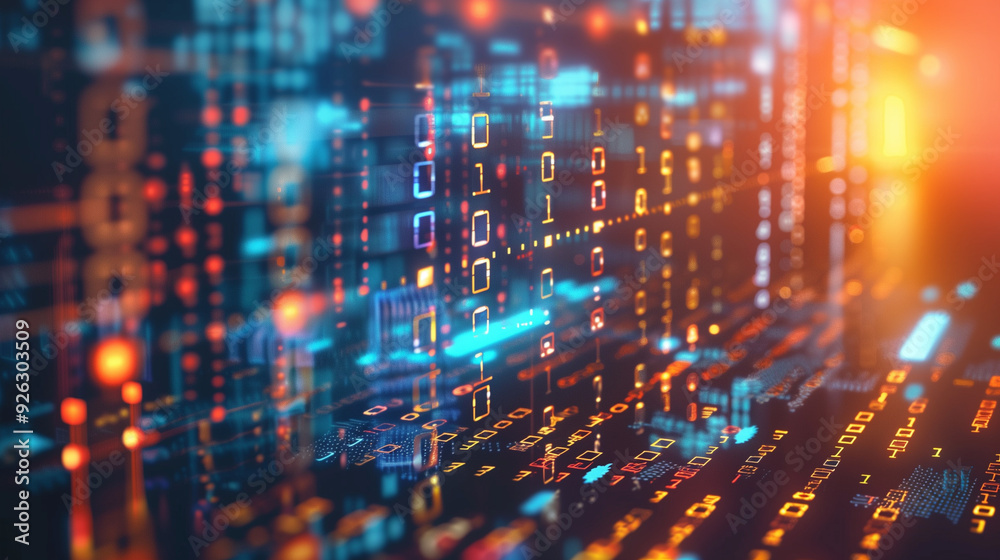 Abstract digital background featuring streaming binary code and AI algorithms, illustrating the ...