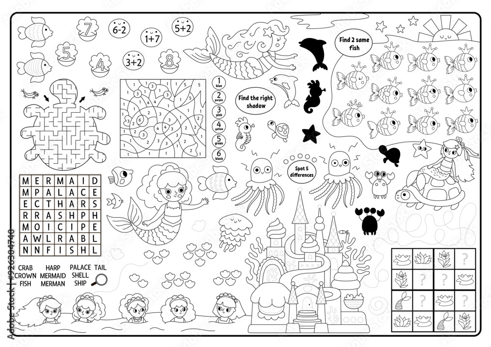 Vector mermaid black and white placemat. Ocean kingdom printable ...