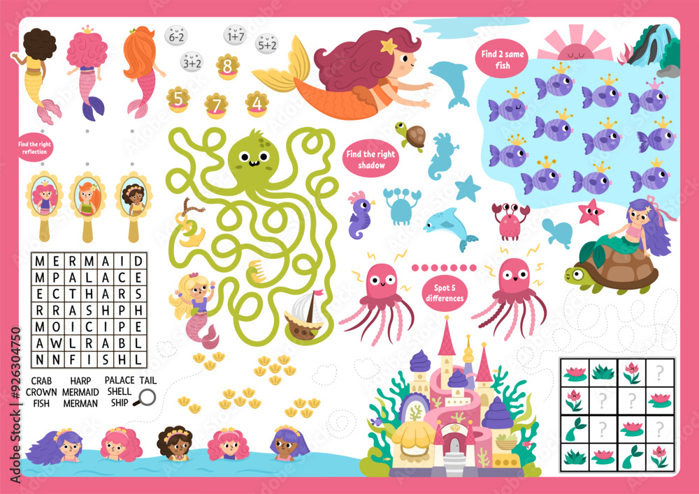 Vector mermaid placemat for children. Ocean kingdom printable activity ...