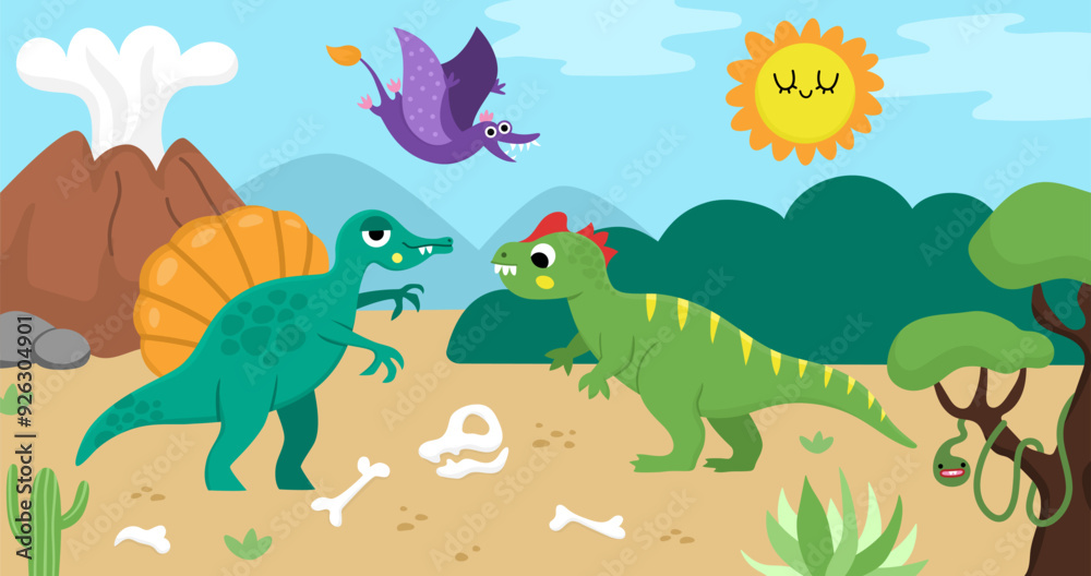 Vector horizontal scene with allosaurus and spinosaurus in the desert ...