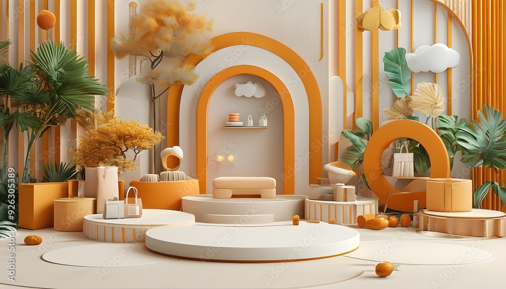 Brightly colored indoor scenes, well-layered circular platforms and ...