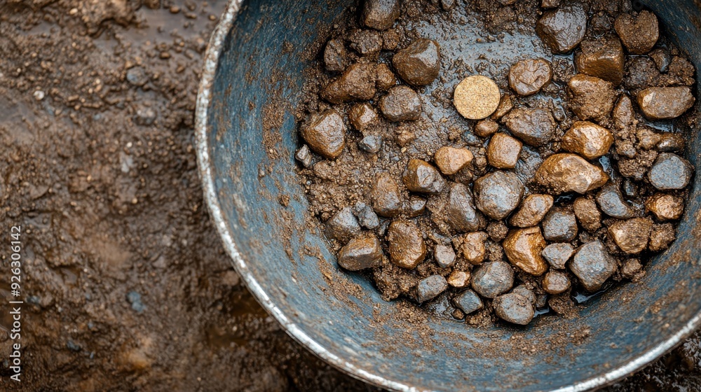 Photo & Art Print Gold nuggets and sediment collected in a metal pan ...