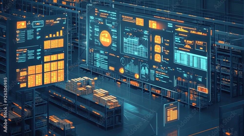 A digital flat art illustration of a warehouse management system ...