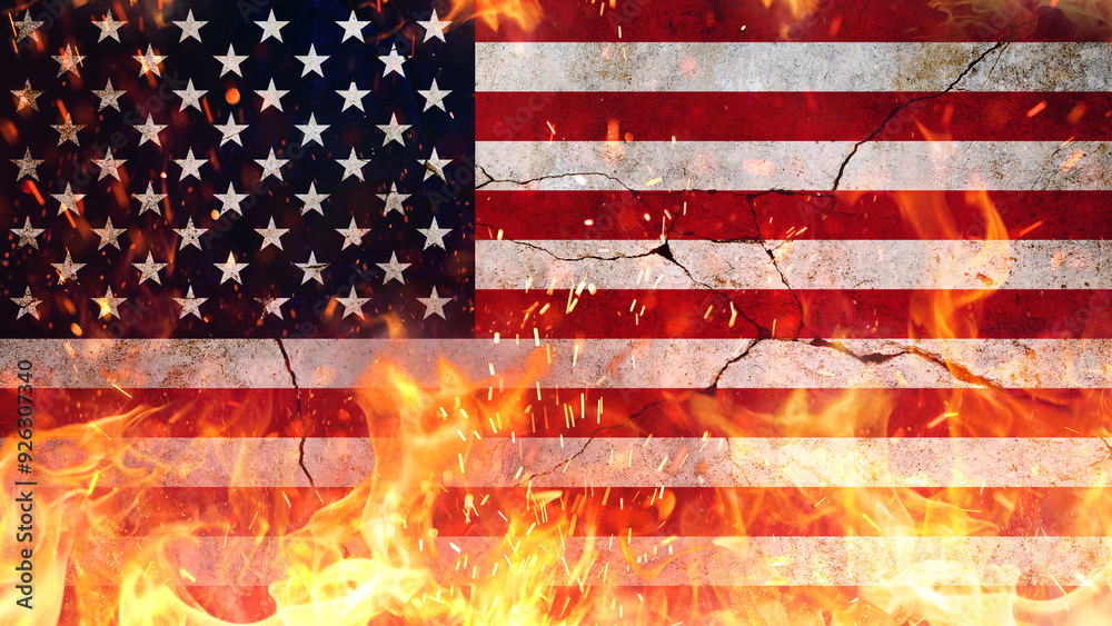 Poster American flag on fire with flames and sparks on cracked concrete ...