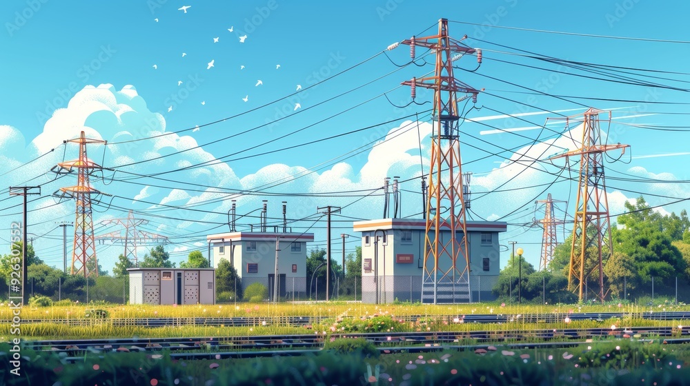 Cartoon vector electric grid with interconnected substations and power ...