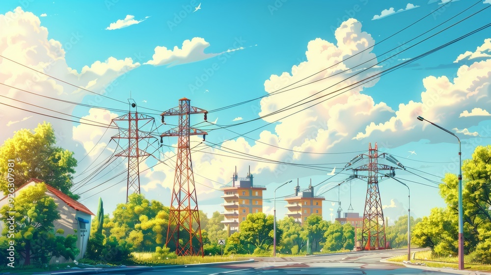 Cartoon vector electric grid with interconnected substations and power ...