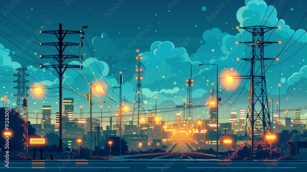 Cartoon vector electric grid with interconnected substations and power ...