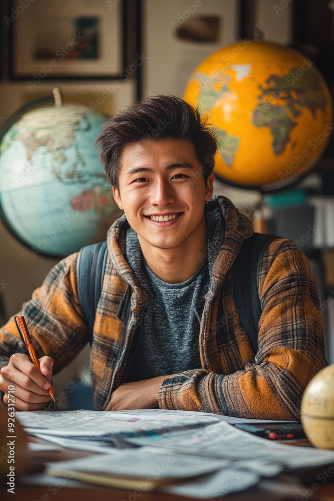Study aboard, An Asian collage student smiles confidently, sitting at a ...