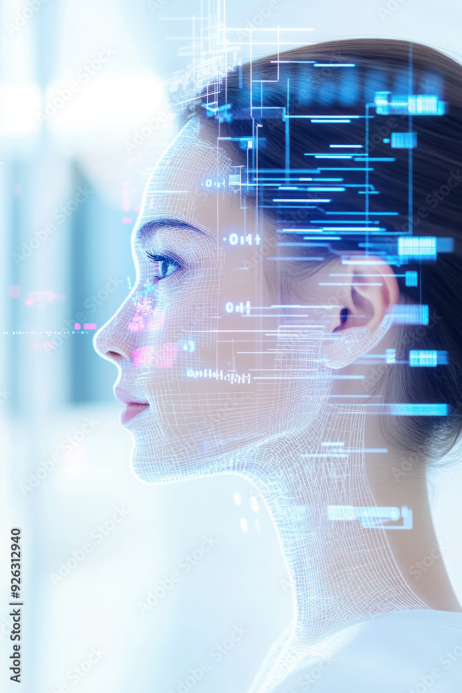 AI Face recognition, A side view of a female model, her features ...