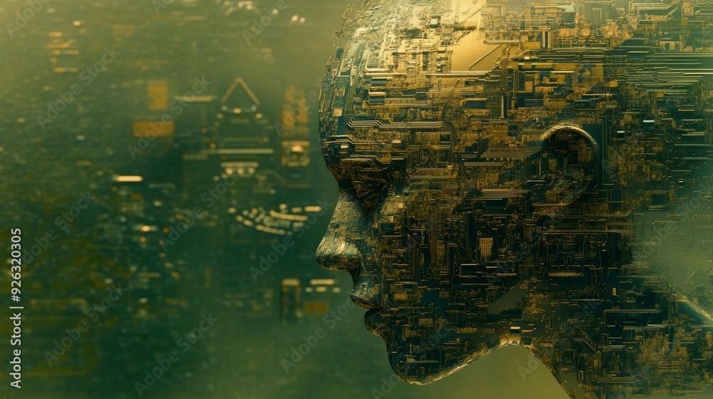 AI and machine learning are represented through a digital human face ...