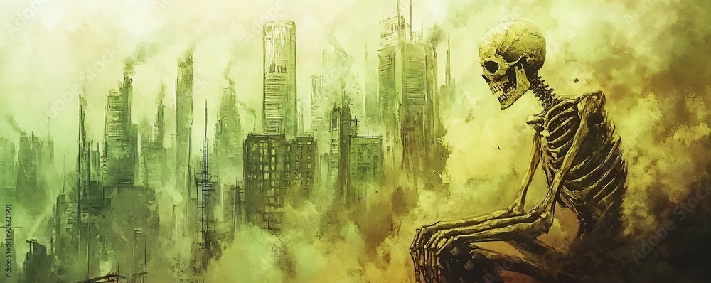 Skeleton sits menacingly, overlooking a dystopian city skyline shrouded ...