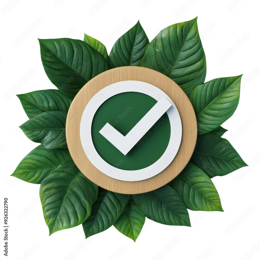 Stylish green check mark surrounded by lush leaves, symbolizing eco ...