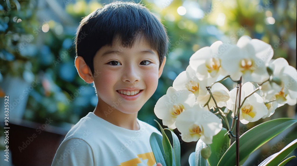 child and orchid, kid with orchid plant, orchid child, youth tending to ...