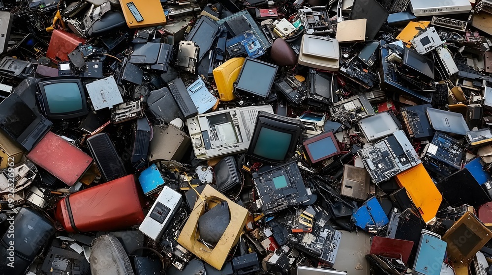 A pile of electronic waste with a lot of different colored items. The ...