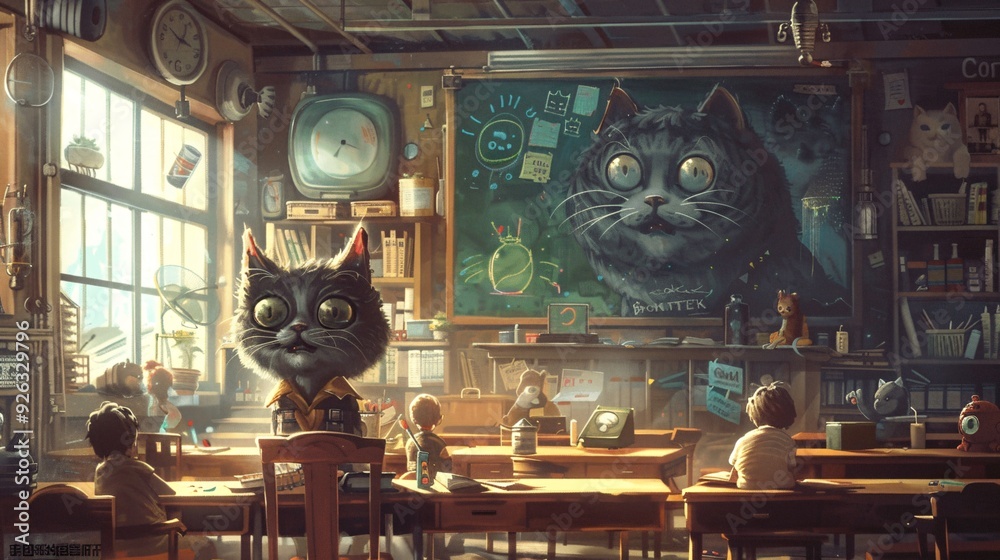 Classroom with a giant talking cat teacher and quirky animal students ...