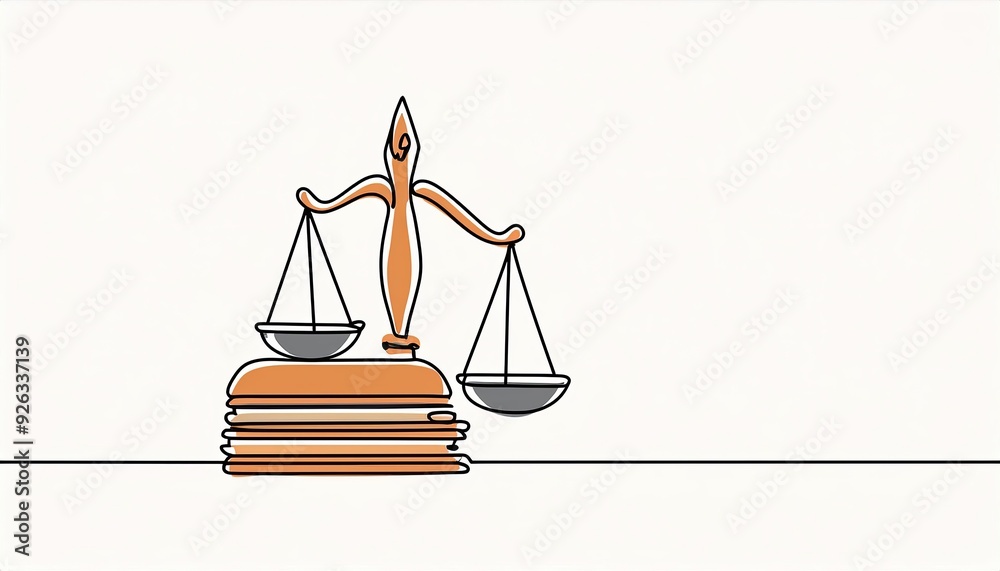 continuous line drawing of law balance and scale of justice. Symbol of ...