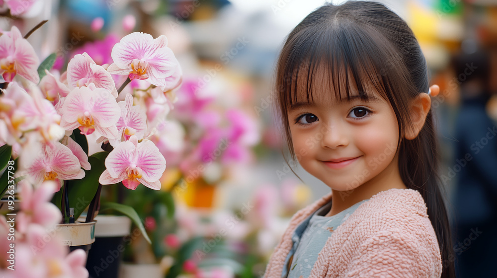 child and orchid, kid with orchid plant, orchid child, youth tending to ...