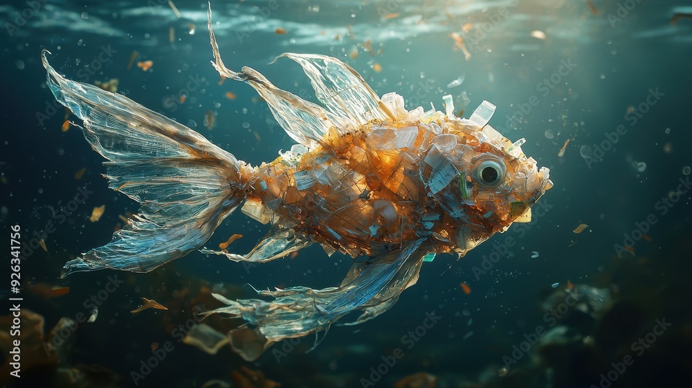Fish constructed from plastic waste swimming in polluted water ...