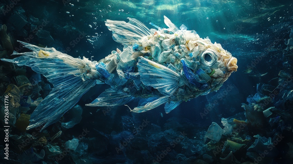 Fish composed of ocean waste swimming in polluted waters highlighting ...