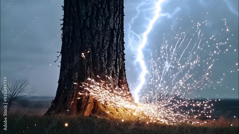 Lightning strikes in a tall, dark tree stands alone in an open ...