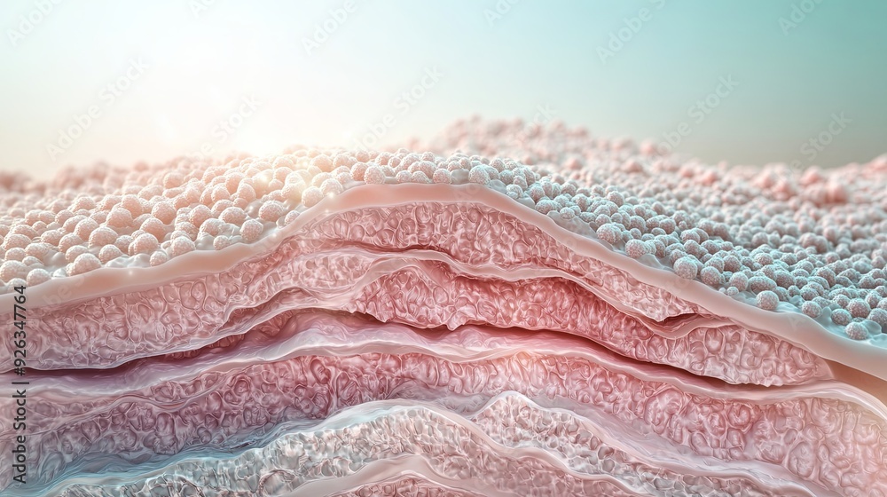 High-resolution microscopic view of skin cells, showcasing the layered structure with emphasis ...