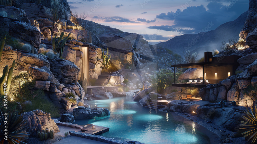 The tranquil mountain peak of the cliff edge hot spring in the twilight ...