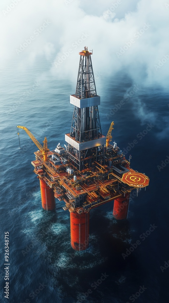 An offshore oil rig stands tall in the vast ocean, a symbol of energy ...