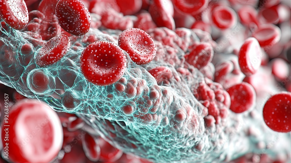 Microscopic image of blood clotting process, showing platelets and ...
