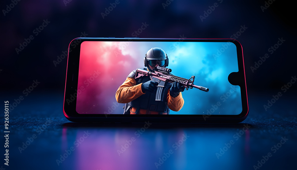 Mobile phone in neon light on a dark table displays a shooter game with ...