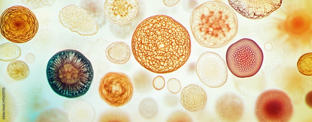 Detailed view of pollen grains under a microscope, showcasing different ...