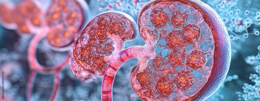 Microscopic image of kidney cells, showing detailed nephron structures ...