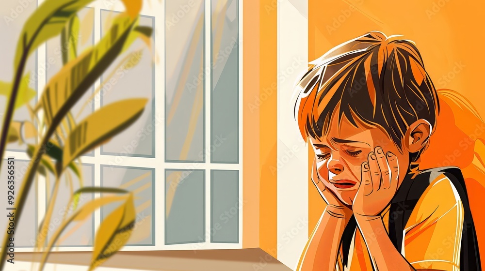 Distressed school boy crying outside classroom after bullying, concept ...