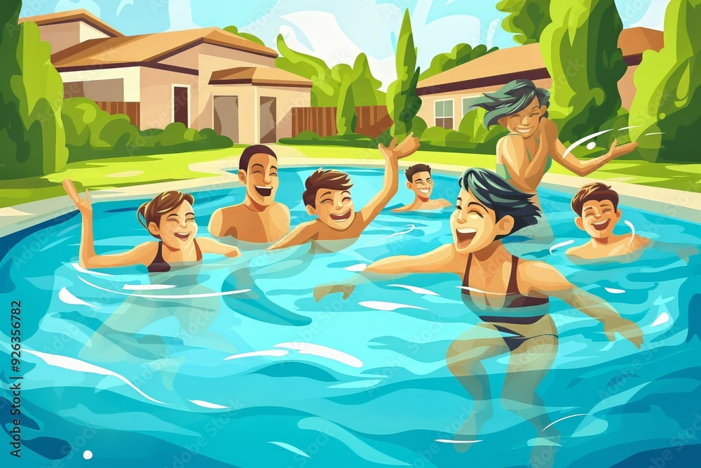 Family enjoys outdoor party in summer backyard swimming pool on sunny ...