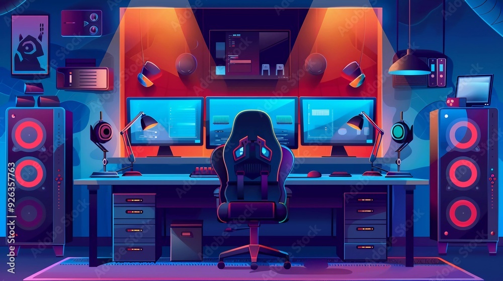 set of futuristic modern gaming room with neon color Stock Illustration ...