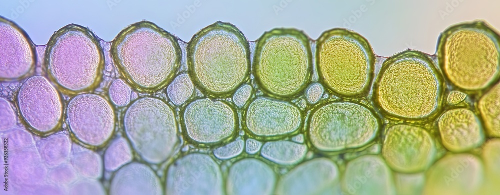 Close-up of leaf cells under a microscope, highlighting chloroplasts ...